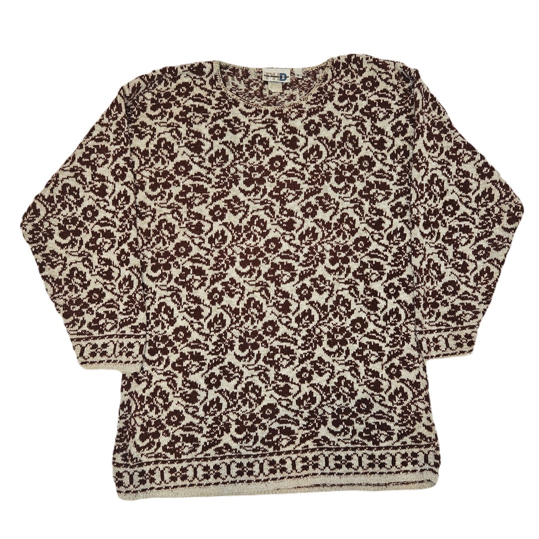 90's Paul Harris Design Long Knit Sweater / Burgundy and Creme Floral ...