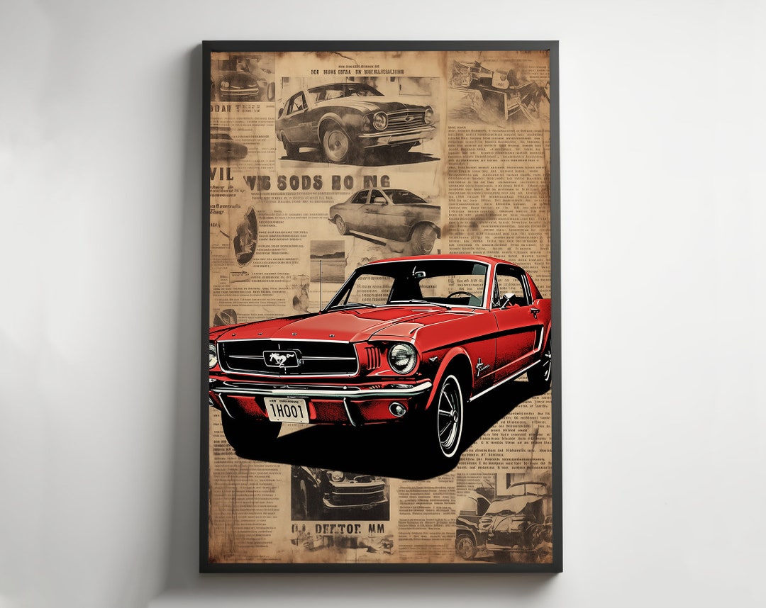 Ford Mustang Fastback 289 Red From 1965 Wall Art, Newspaper Collage Art ...