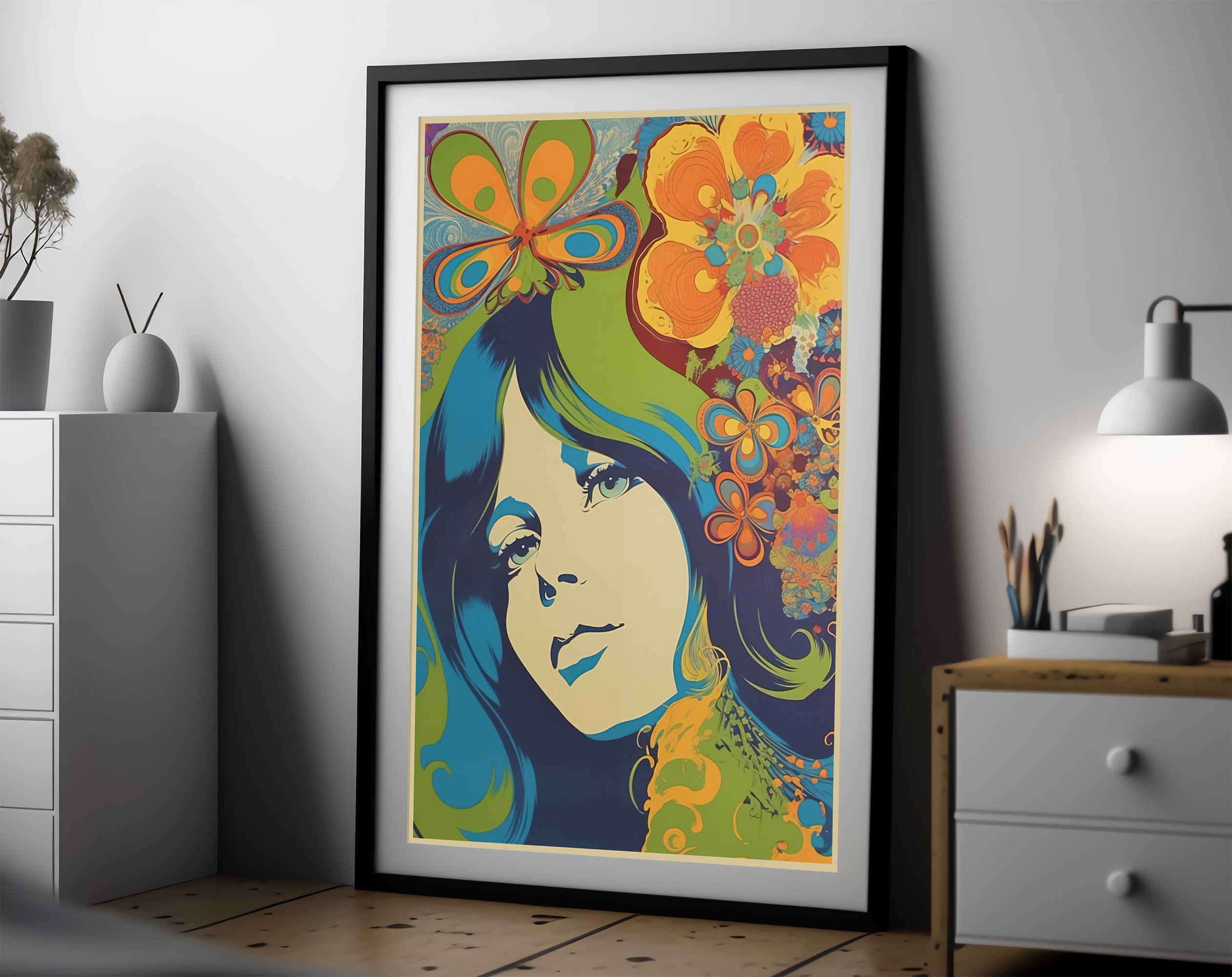 Vintage Flower Girl Retro Poster, Female Face Art Print, Portrait ...
