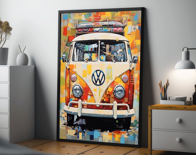 Colorful VW Bus Wall Art, Volkswagen Van, Retro Modern Minimalist Art ...