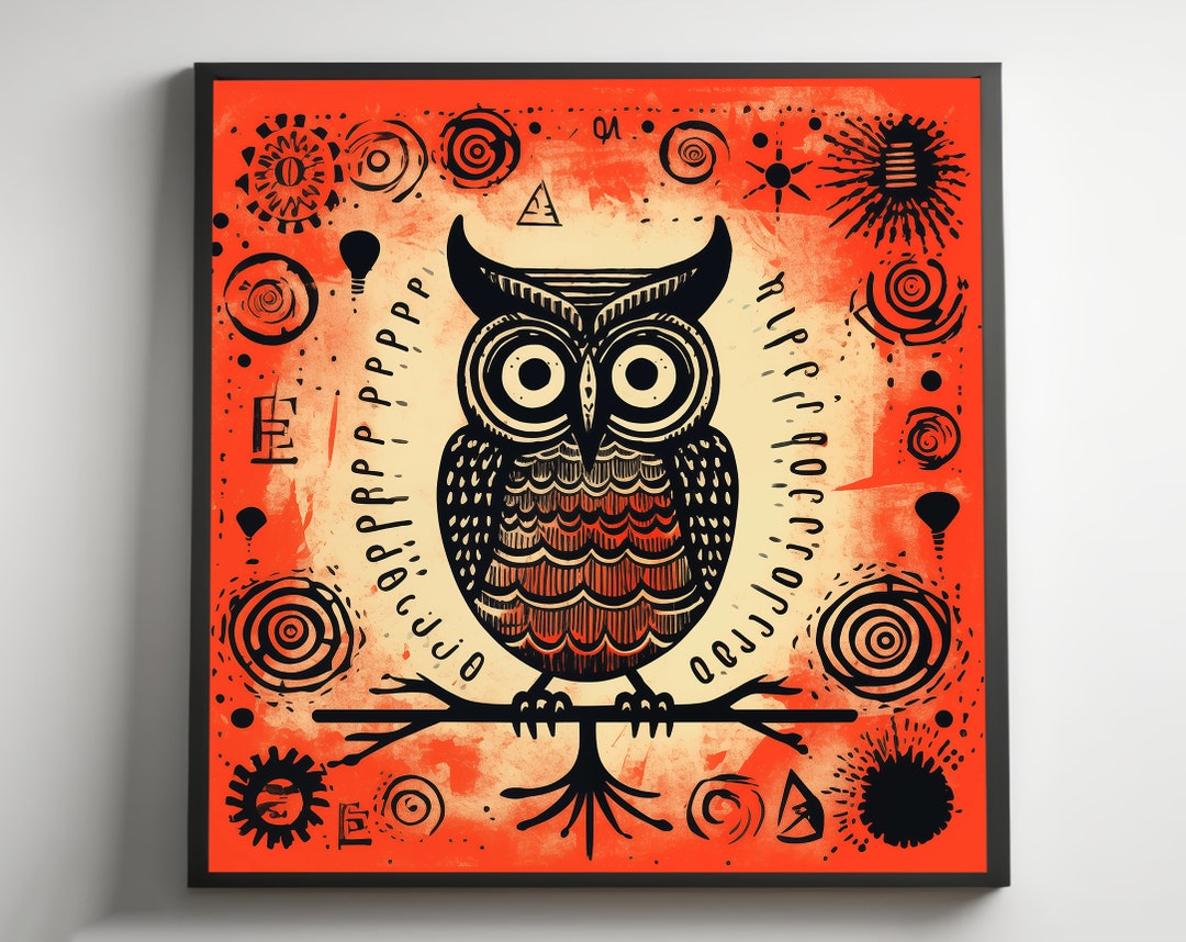 Magical Symbol and Owl Watercolor Wall Decor, Smart Owl Orange, Vintage ...