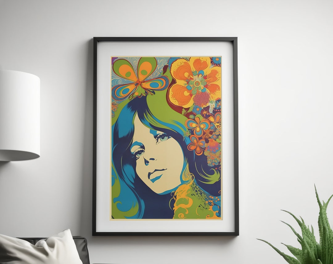 Vintage Flower Girl Retro Poster, Female Face Art Print, Portrait ...
