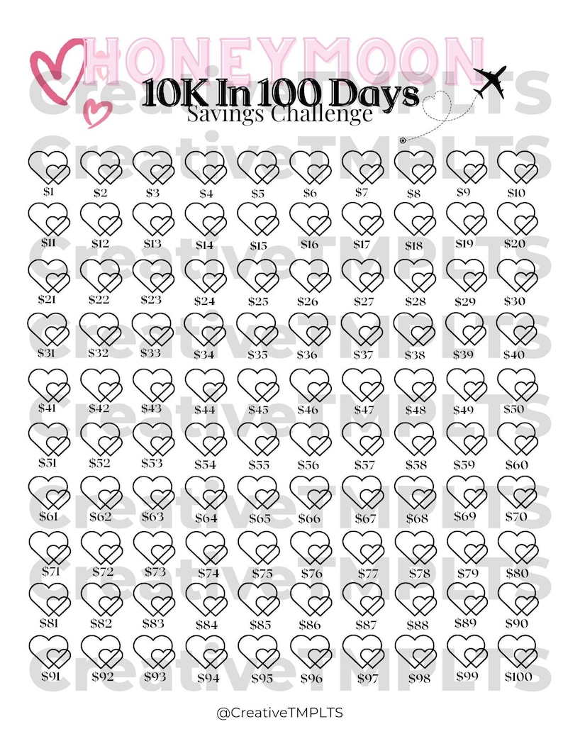 10k in 100 Days Honeymoon Savings Tracker Printable Files, Save 10000 ...
