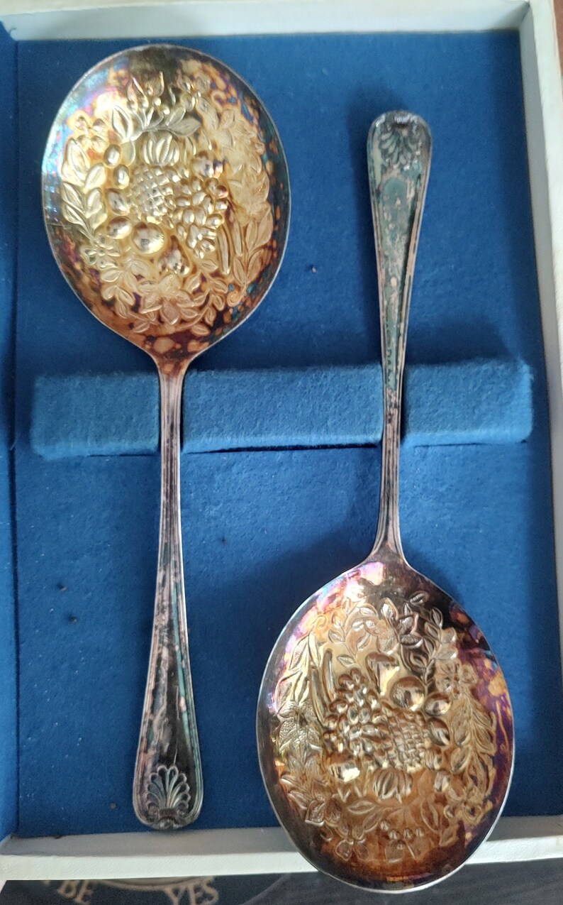 Vintage Sheffield England Pair of Serving Spoons-original Box-24k Gold ...