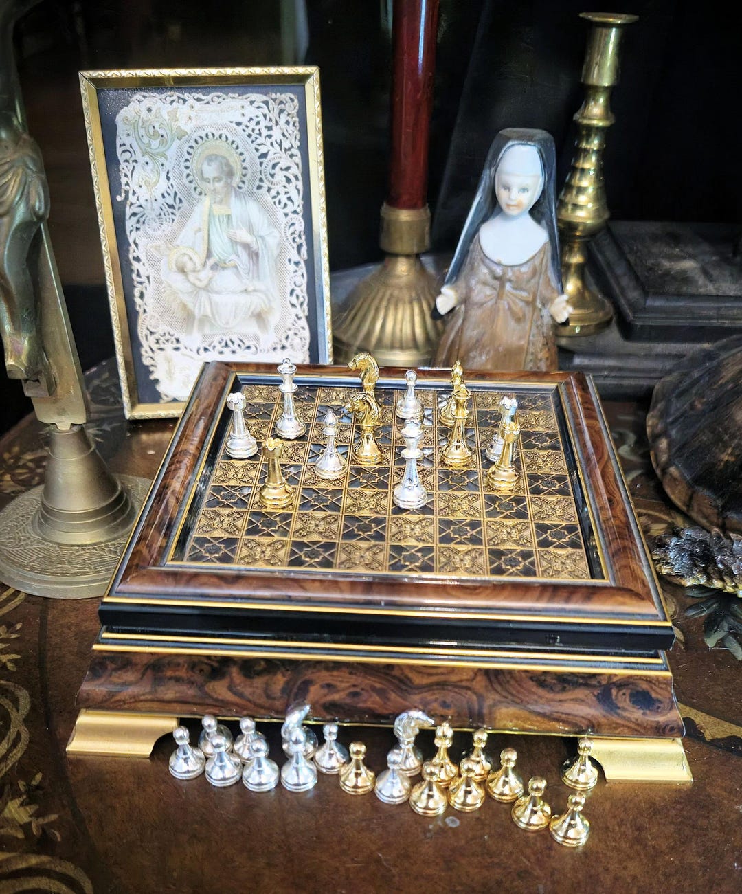 Vintage Damascene Mini Chess Set Toledo Spain Inlaid Wood Box, Metal ...