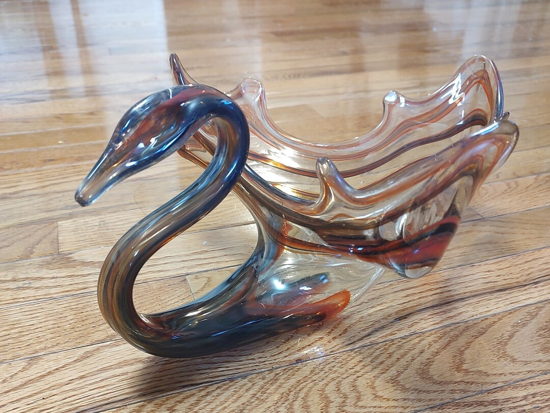 Vintage, Hand Blown, Sooner Style Glass Swan Bowl, White Orange and ...