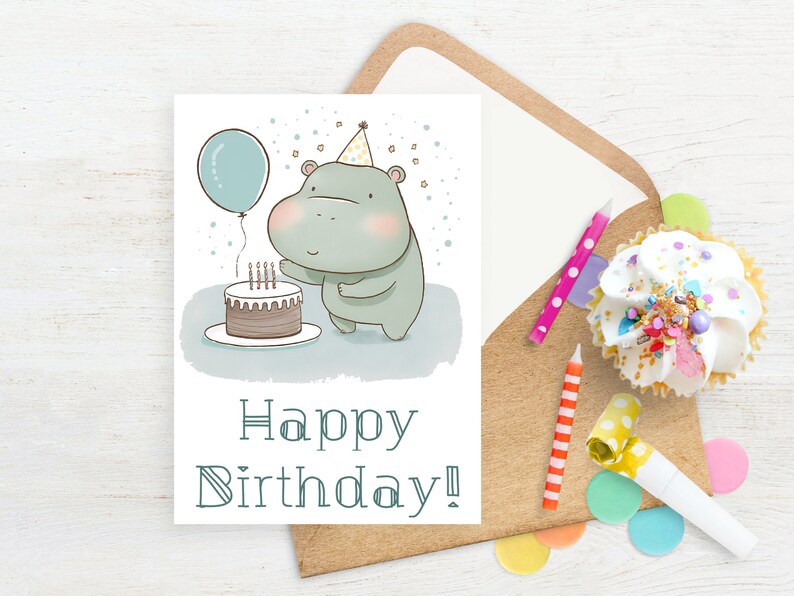 Hippo Birthday Card | Instant Download, Kids Birthday Card, Printable ...