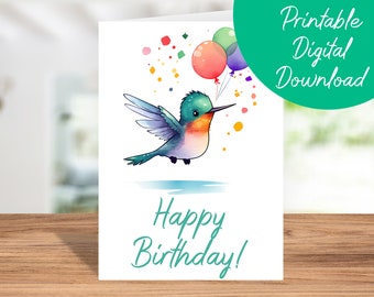 Hummingbird Birthday Card, Happy Birthday Party Hat and Balloons ...