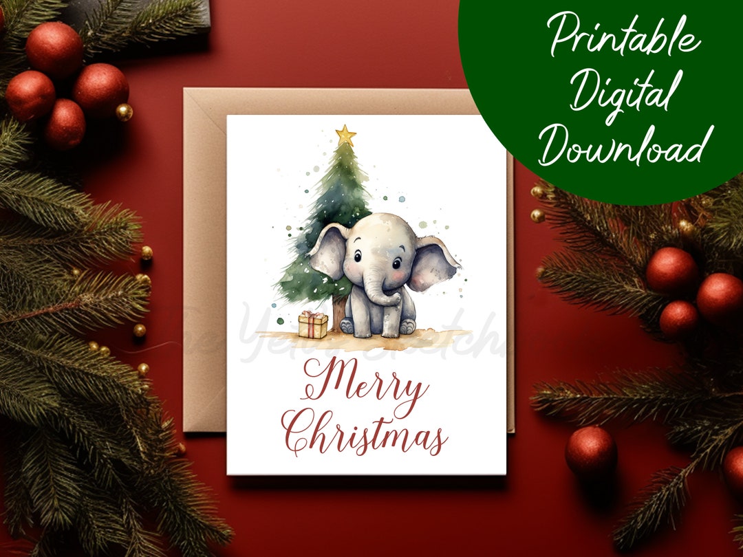 Elephant Christmas Card Printable Digital Download | Cute Printable ...