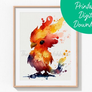 Cute Phoenix Watercolor Wall Art | Chibi Phoenix Wall Art, Cute Fantasy ...
