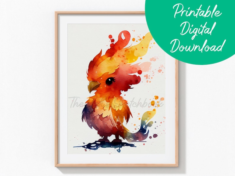 Cute Phoenix Watercolor Wall Art | Chibi Phoenix Wall Art, Cute Fantasy ...