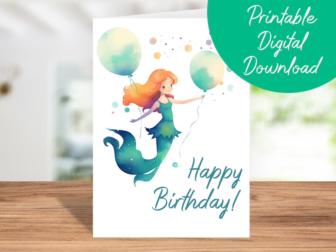 Mermaid Birthday Card | Instant Download, Kids Birthday Card, Printable ...