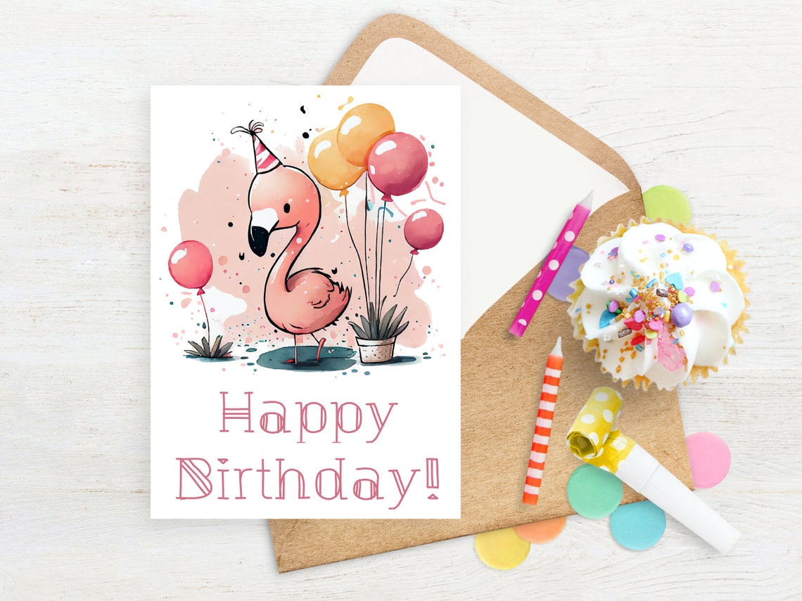 Flamingo Birthday Card | Instant Download, Kids Birthday Card ...
