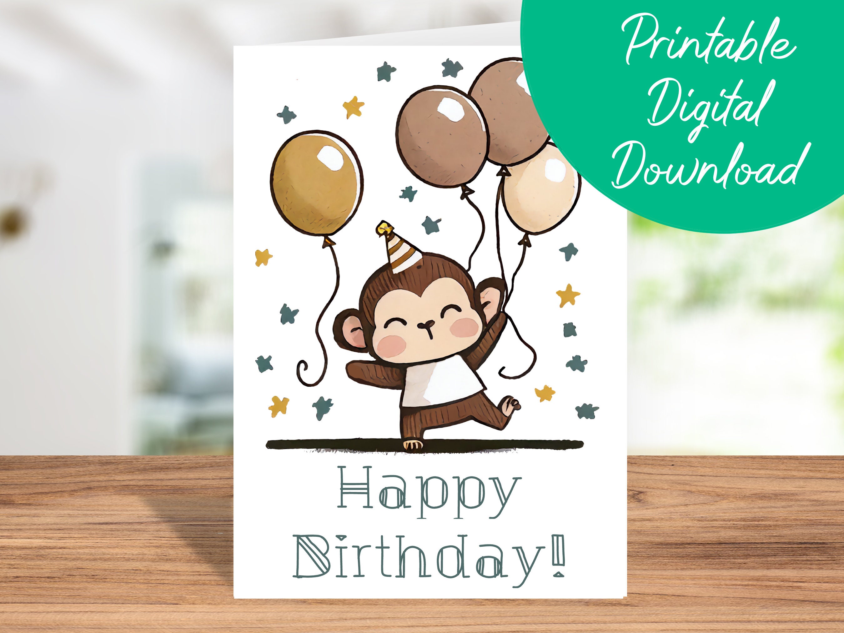 Monkey Birthday Card | Instant Download, Kids Birthday Card, Printable ...