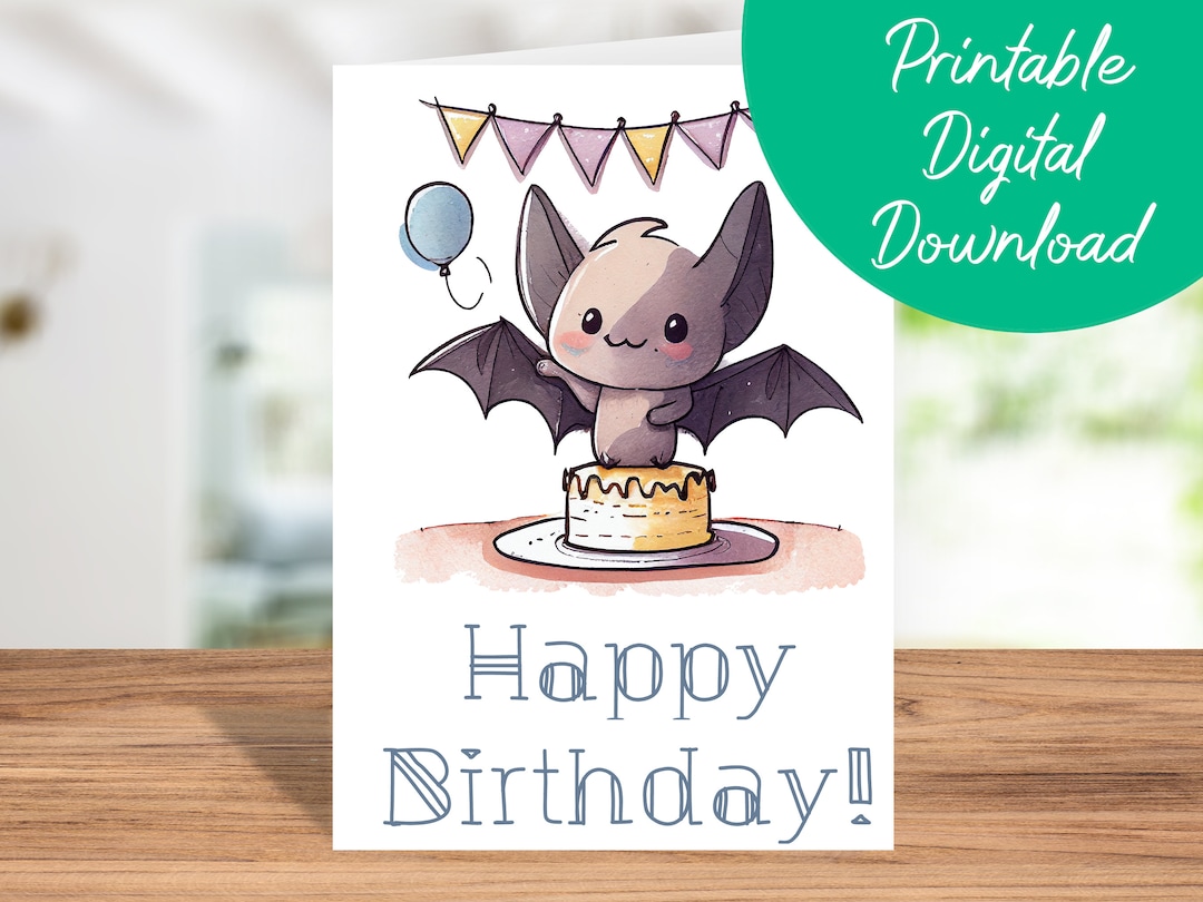 Bat Birthday Card | Instant Download, Kids Birthday Card, Bat Printable ...