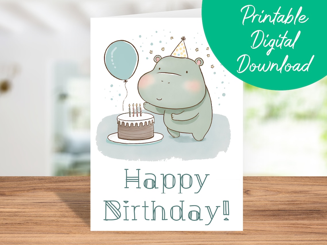 Hippo Birthday Card | Instant Download, Kids Birthday Card, Printable ...