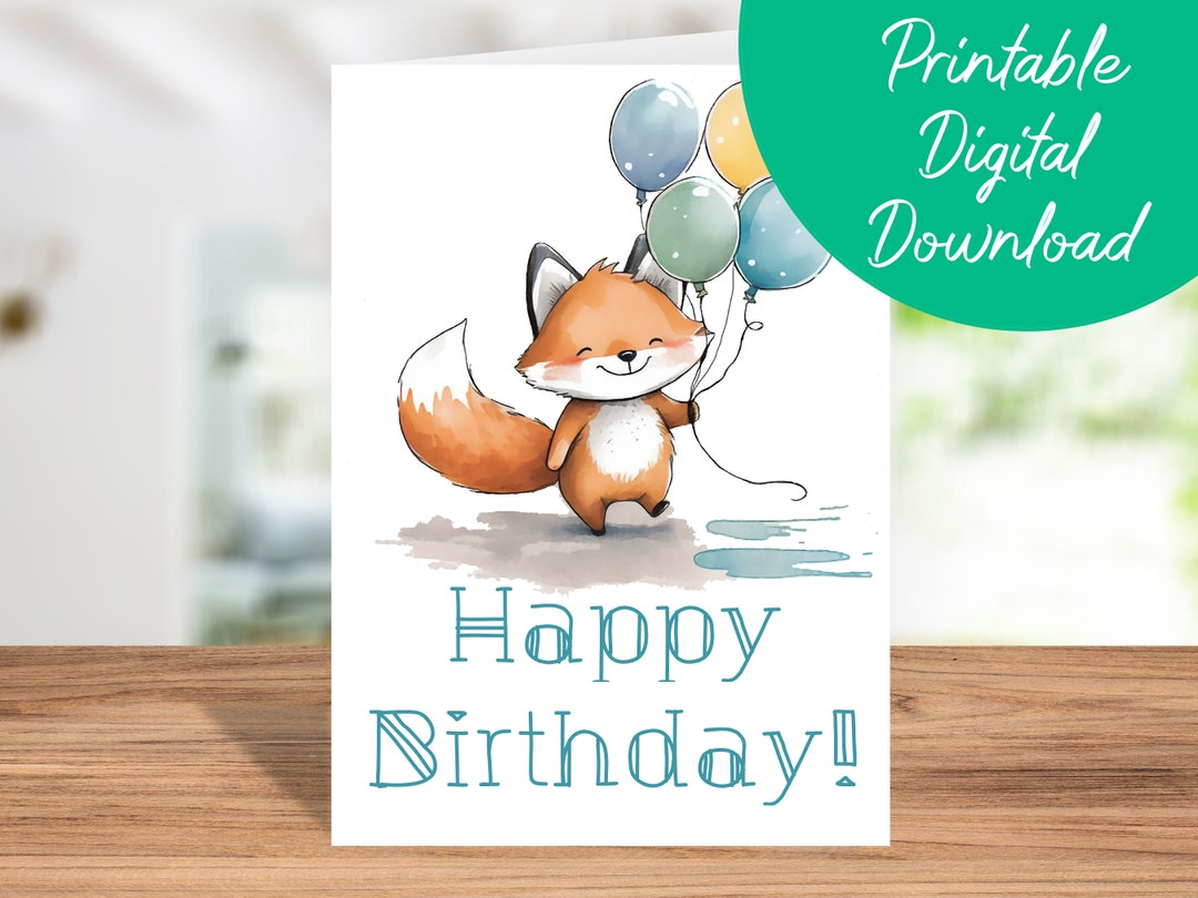Red Fox Birthday Card | Instant Download, Kids Birthday Card, Printable ...