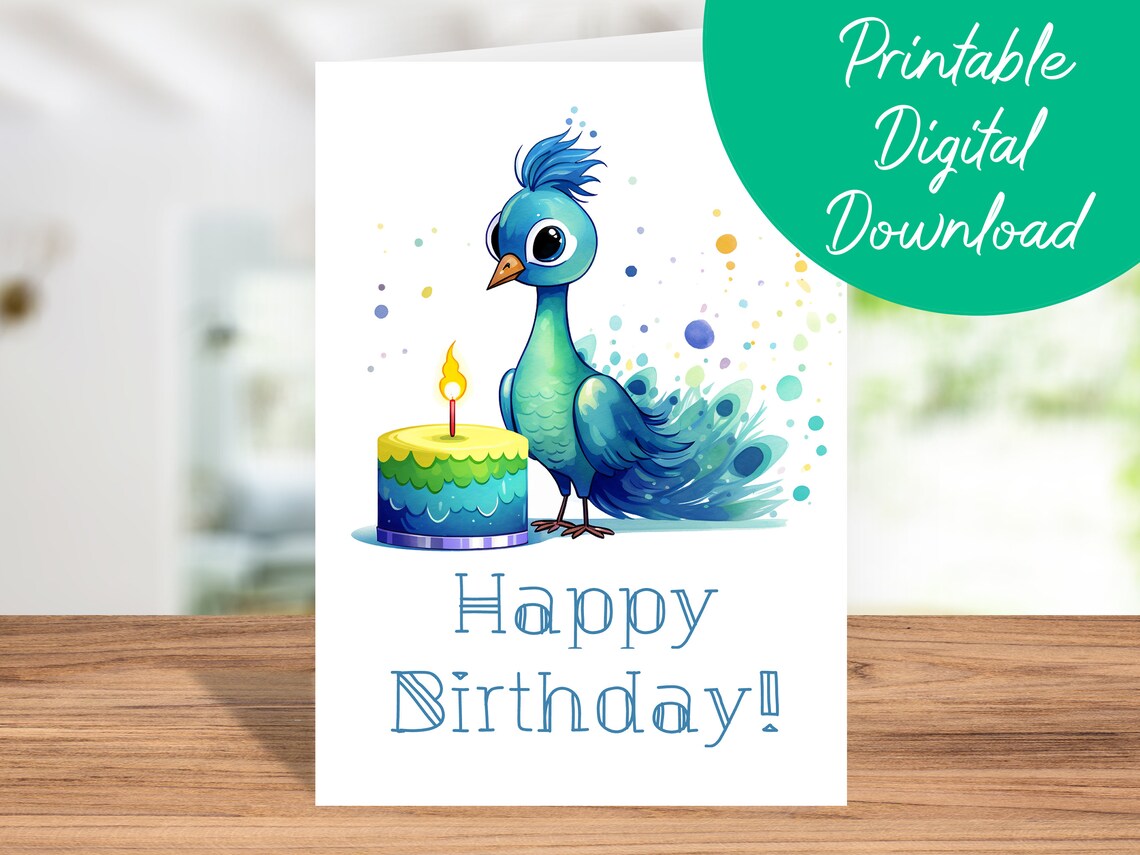 Peacock Birthday Card Instant Download Kids Birthday, Printable 5x7 ...
