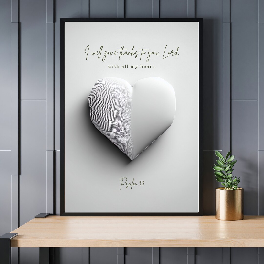 Psalm 9:1 Minimalist Heart Art Inspirational Digital Print I Will Give ...
