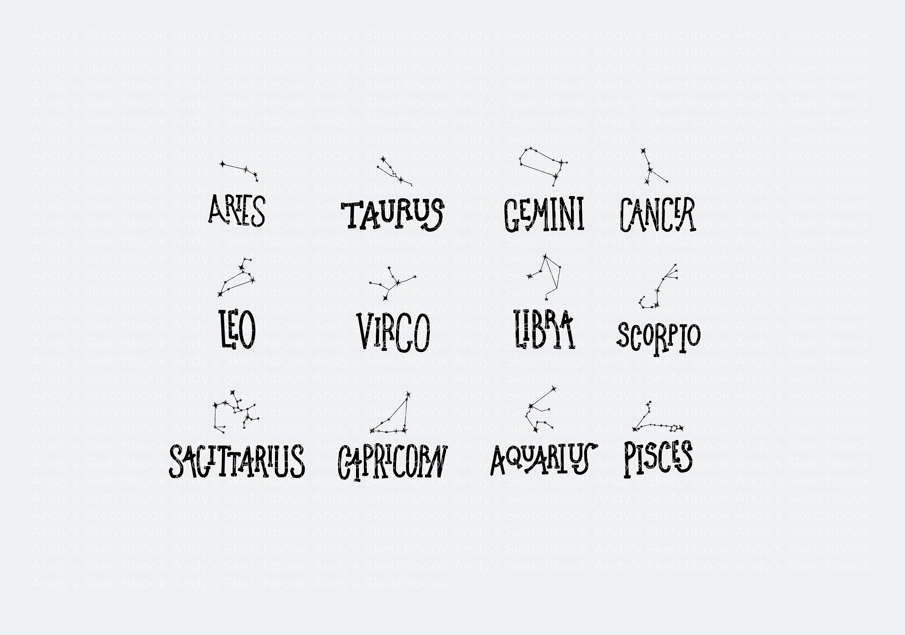 Astrological Signs Svg Bundle, Hand Drawn, Midcentury Modern Font, for ...