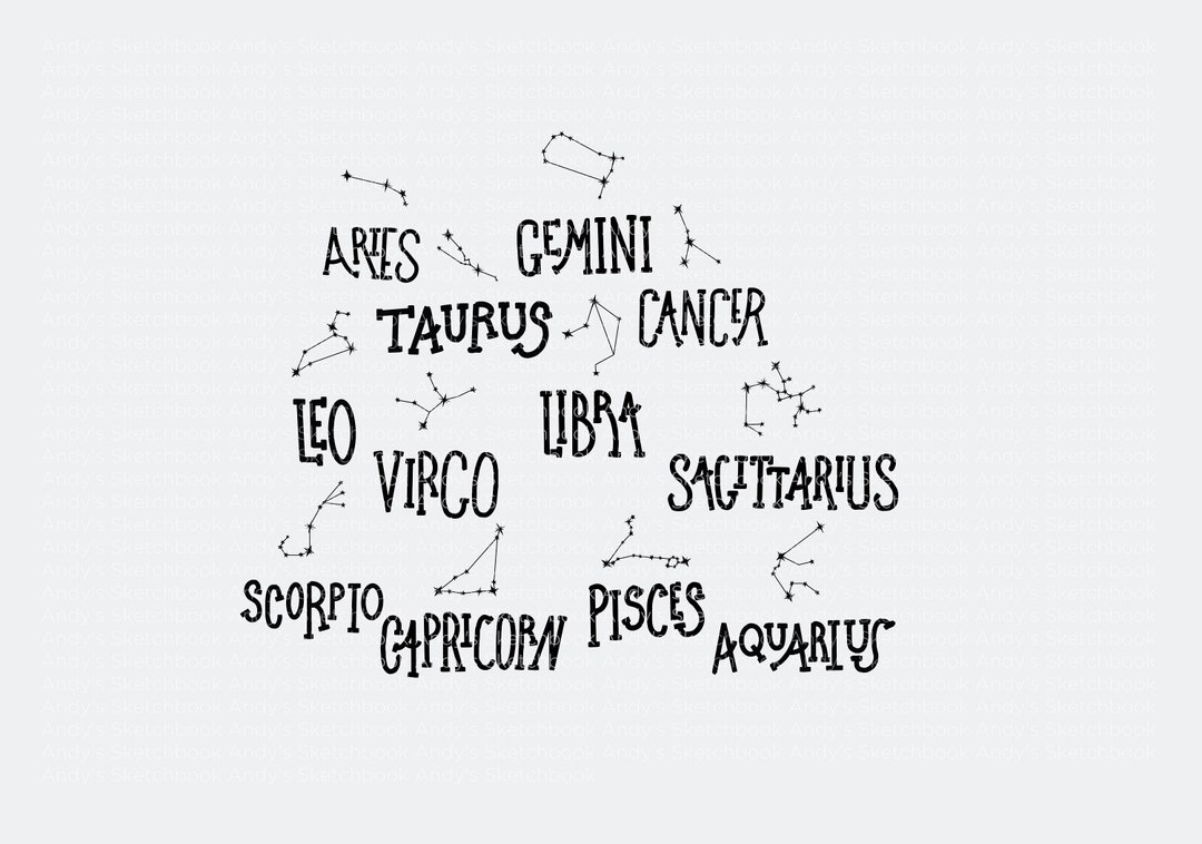Astrological Signs Svg Bundle, Hand Drawn, Midcentury Modern Font, for ...