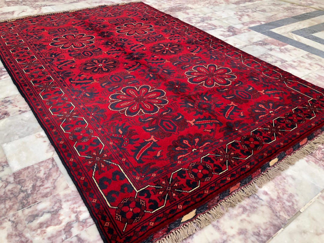 Handmade Red Wool Afghan Rug 4x6 Ft , Oriental Area Floral Carpet ...