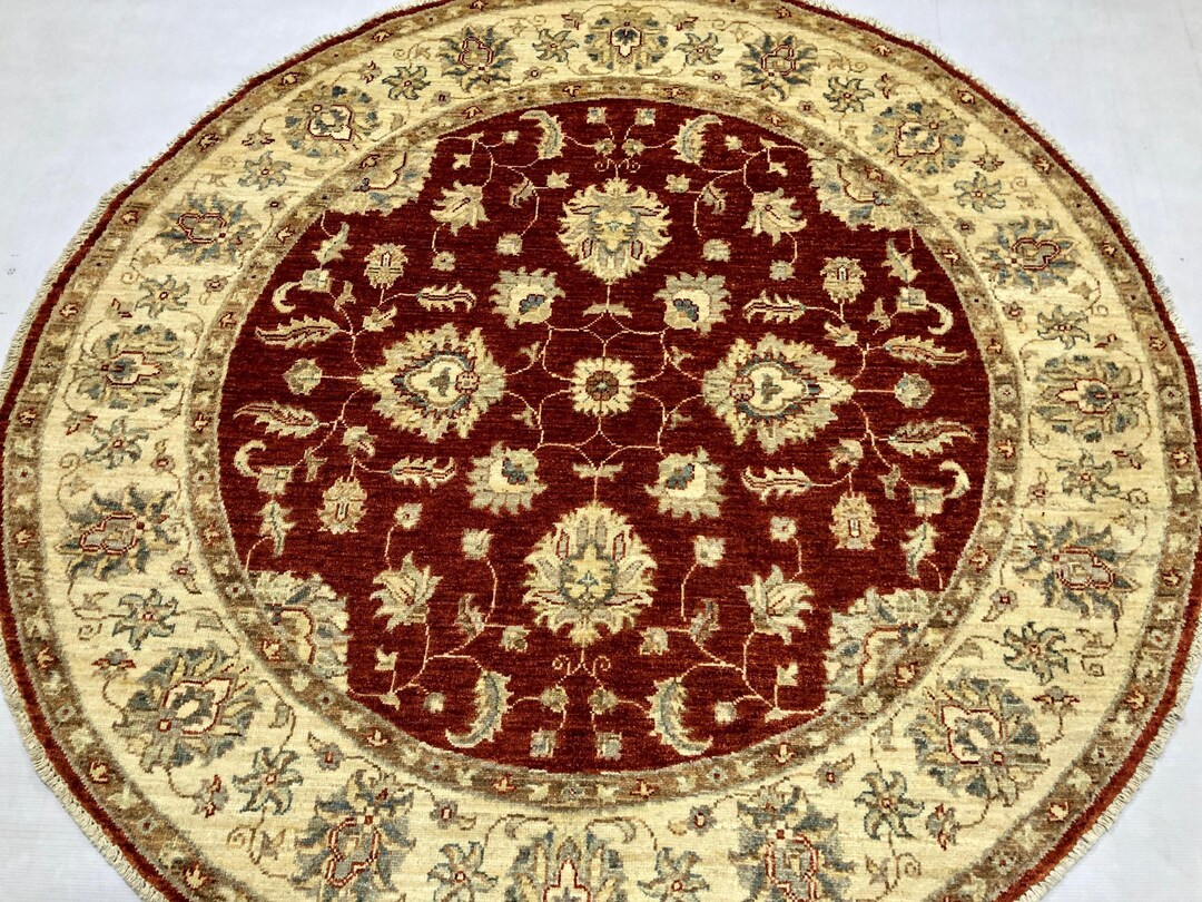 5x5 Afghan Red Circle Rug - Round Area Wool Floral Rug - 5x5 Ft Round ...