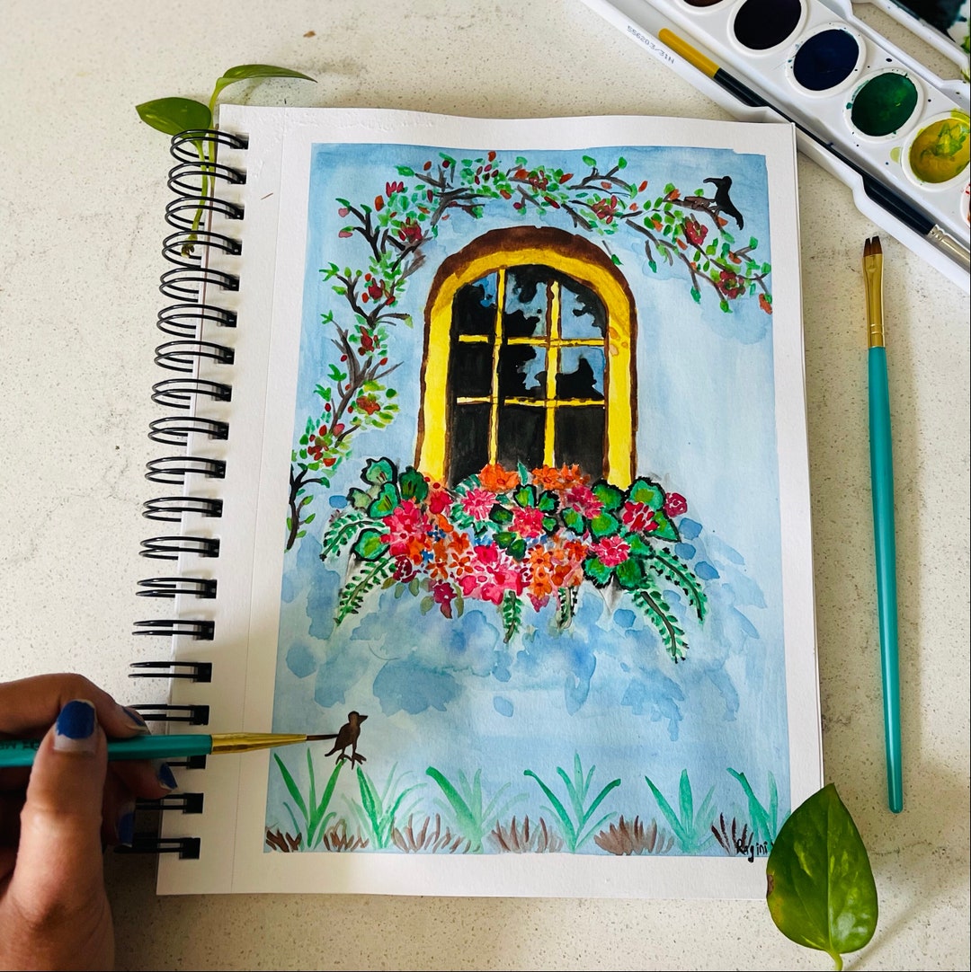 Watercolor Print - Flowery Window - Etsy