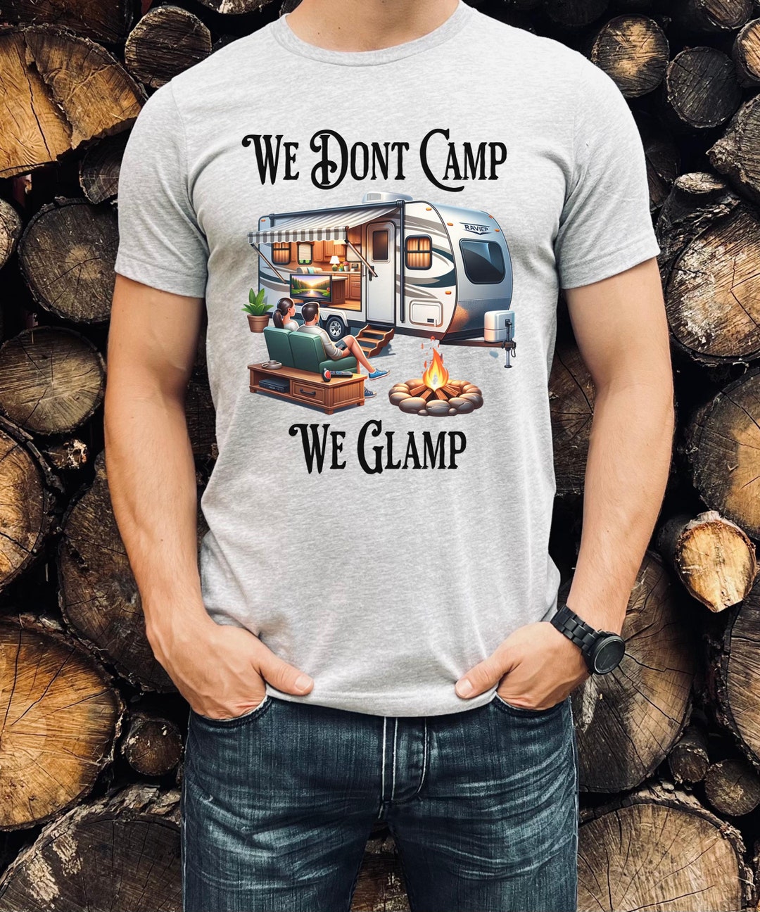 Funny Glamping Shirt - Camping Scene With Couch and TV - Humourous ...