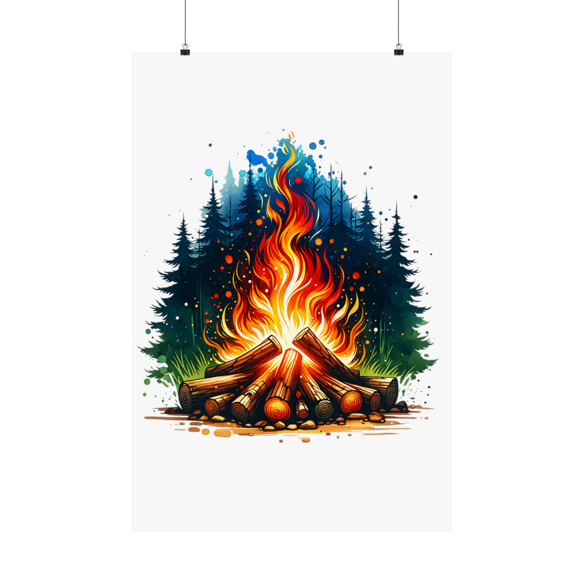 Huge Fire in the Woods Bonfire Watercolor Campfire Watercolor Poster - Etsy