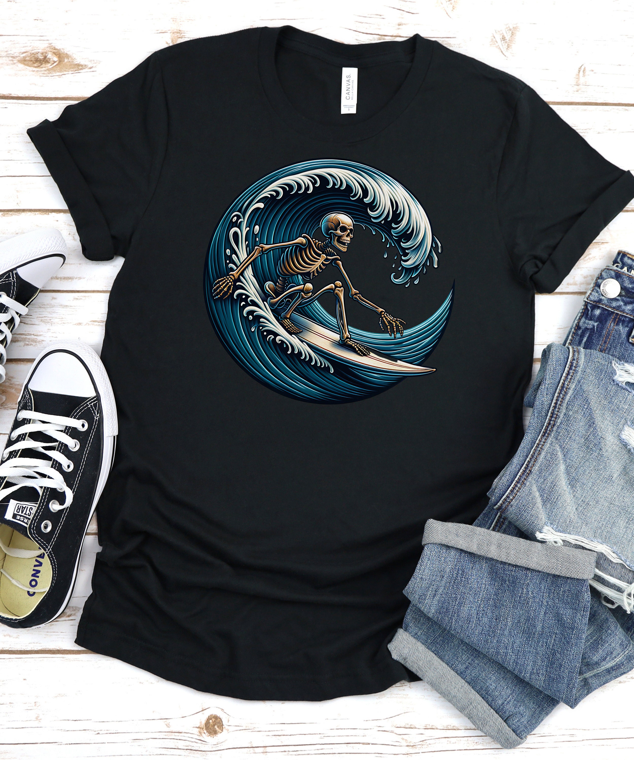 Skeleton Riding Massive Wave - Skeleton Surfing Shirt - Hang Ten ...