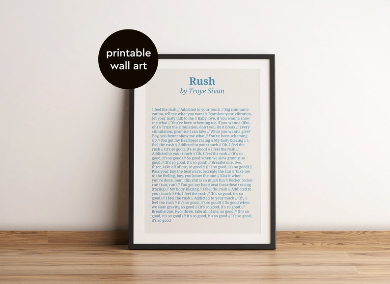 Troye Sivan Rush Lyrics Posters 2 Colors Wall Art Digital 7563