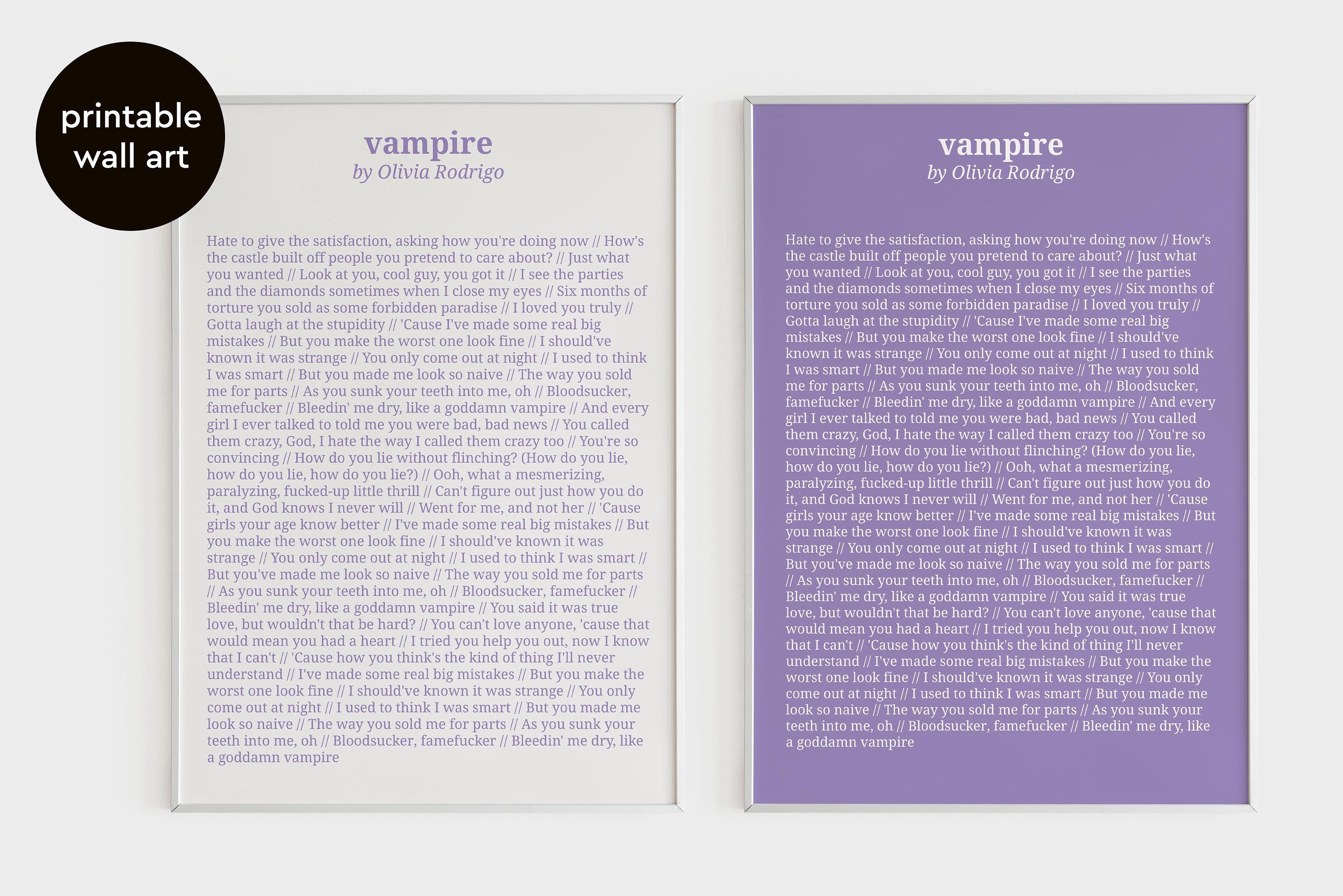 Olivia Rodrigo - Vampire Lyrics Posters - 2 Colors - Wall Art - Digital ...