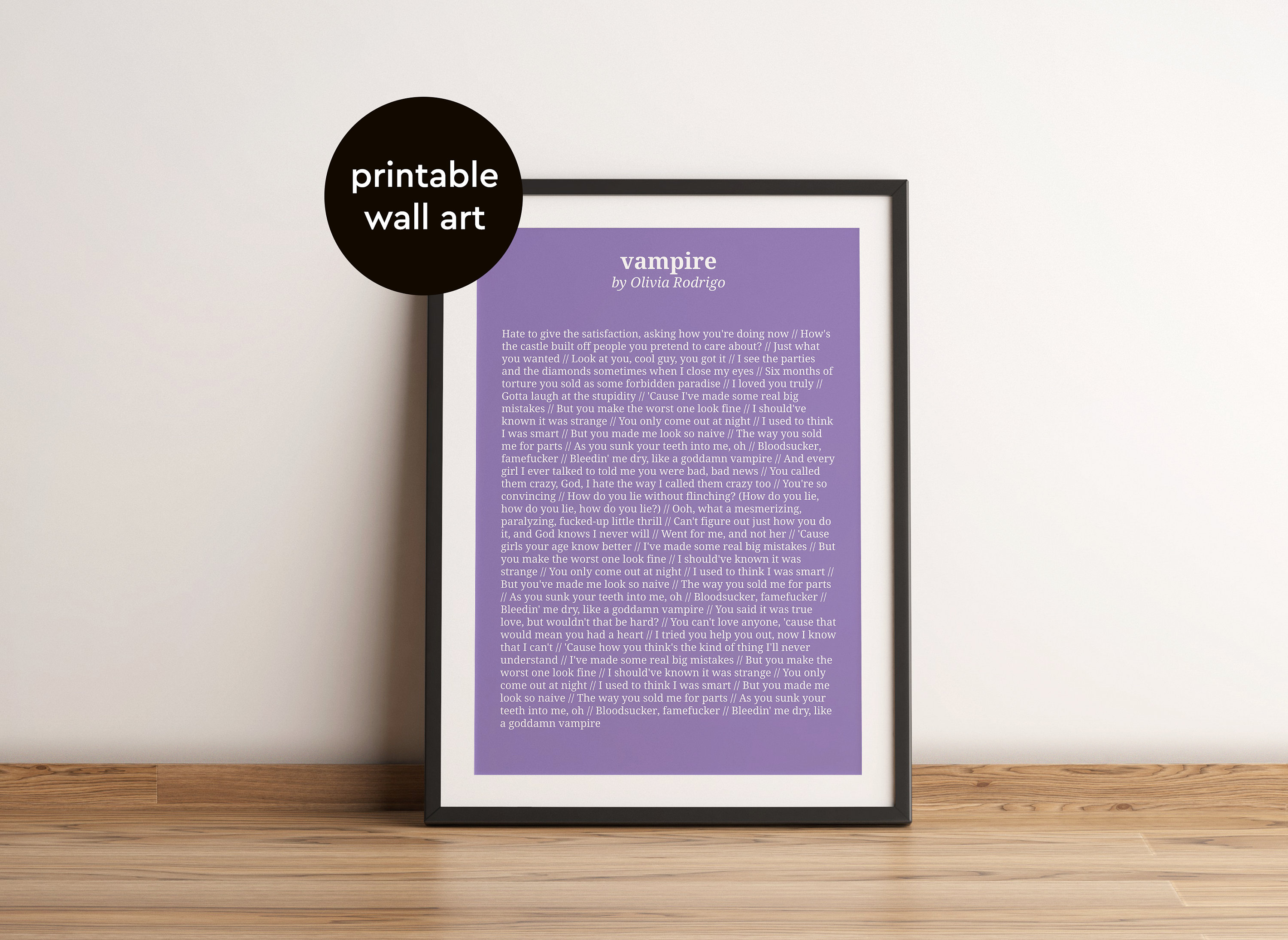 Olivia Rodrigo - Vampire Lyrics Posters - 2 Colors - Wall Art - Digital ...