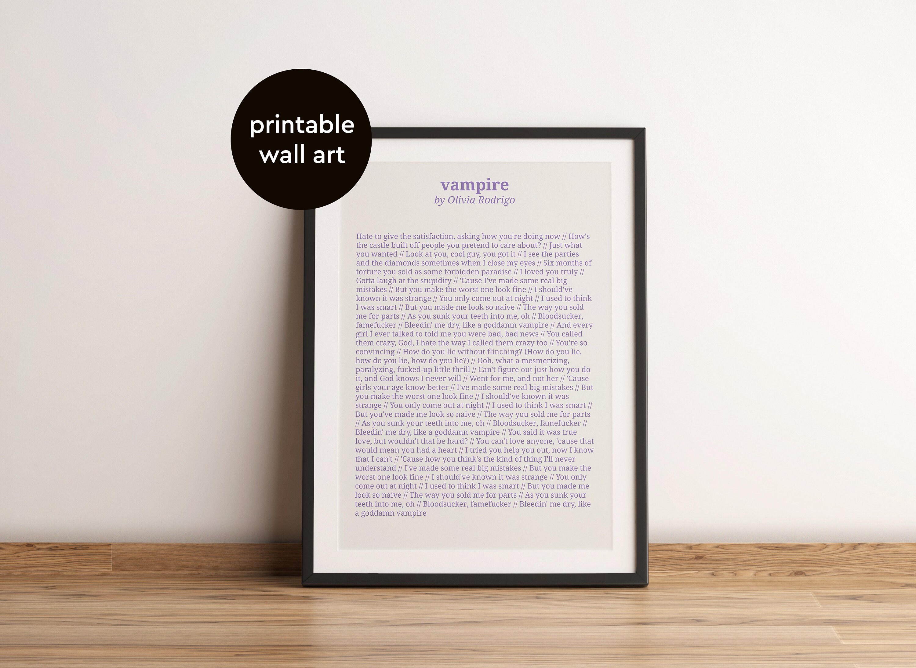 Olivia Rodrigo - Vampire Lyrics Posters - 2 Colors - Wall Art - Digital ...