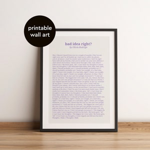 Olivia Rodrigo - Bad Idea Right? - Lyrics Posters - 2 Colors - Wall Art ...