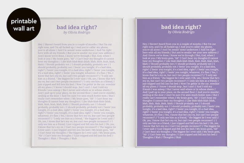 Olivia Rodrigo - Bad Idea Right? - Lyrics Posters - 2 Colors - Wall Art ...