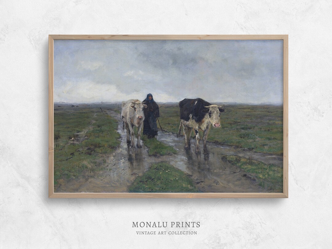 Vintage Modern Wall Art Cow Shepherd in the Field Painting - Etsy