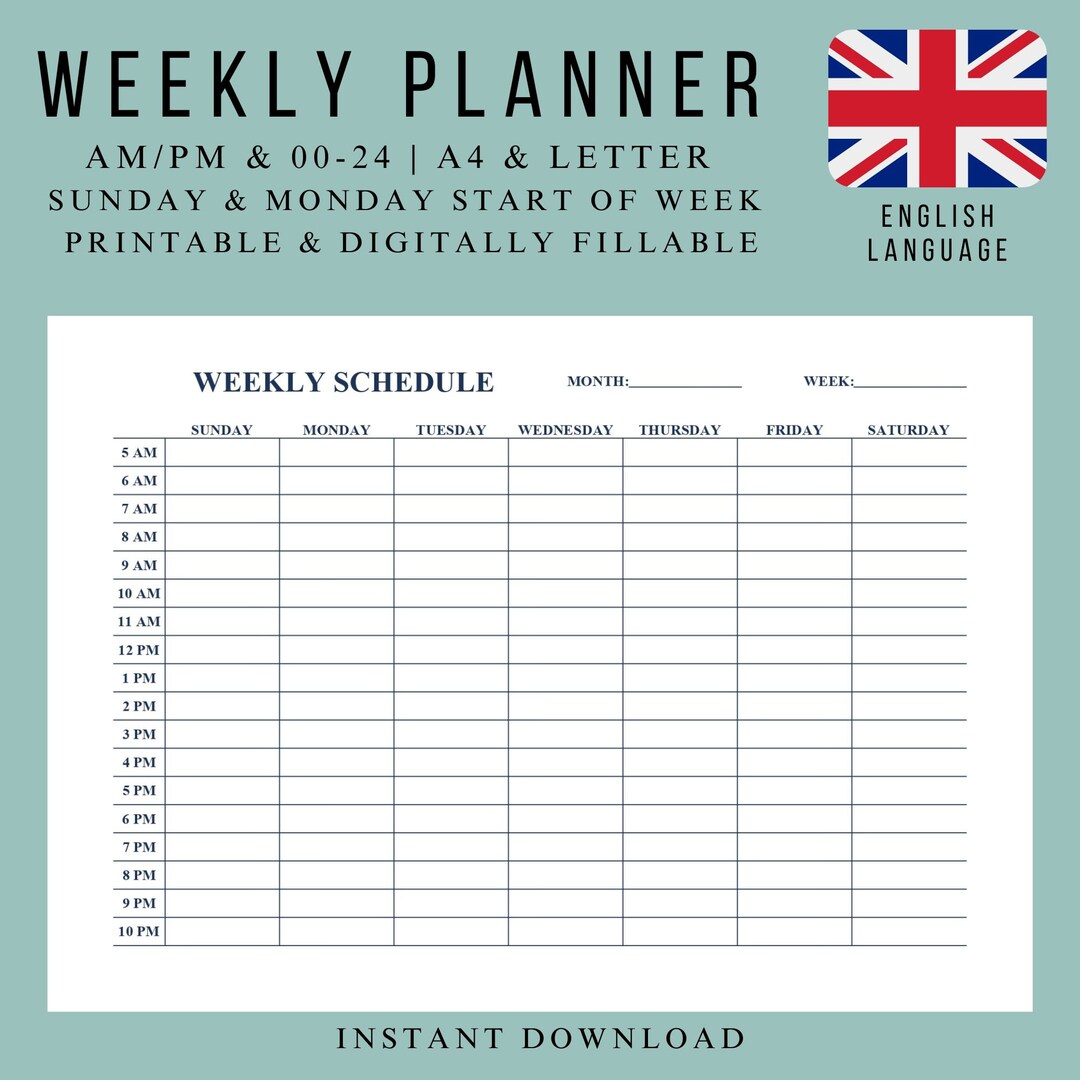 Hourly Weekly Schedule Landscape, Weekly Planner Printable, Week at a ...