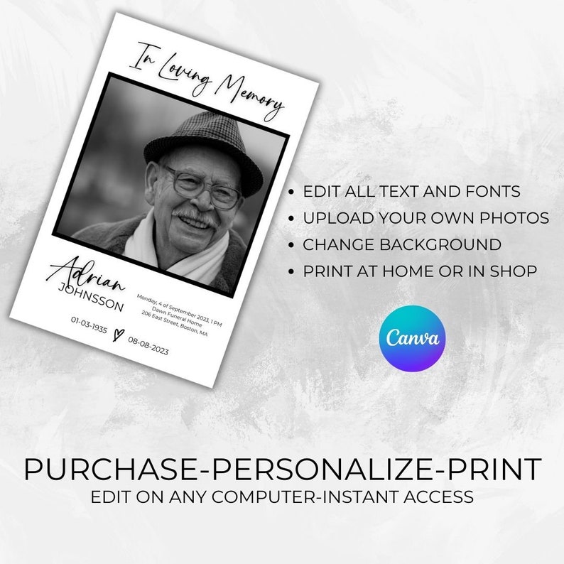 Funeral Program Template Canva Editable Folded Obituary Template Order ...