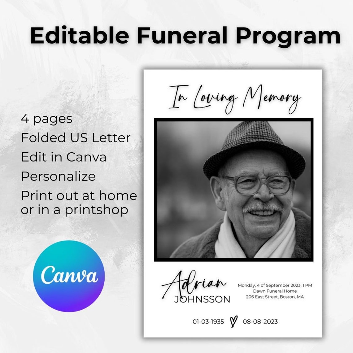 Funeral Program Template Canva Editable Folded Obituary Template Order ...