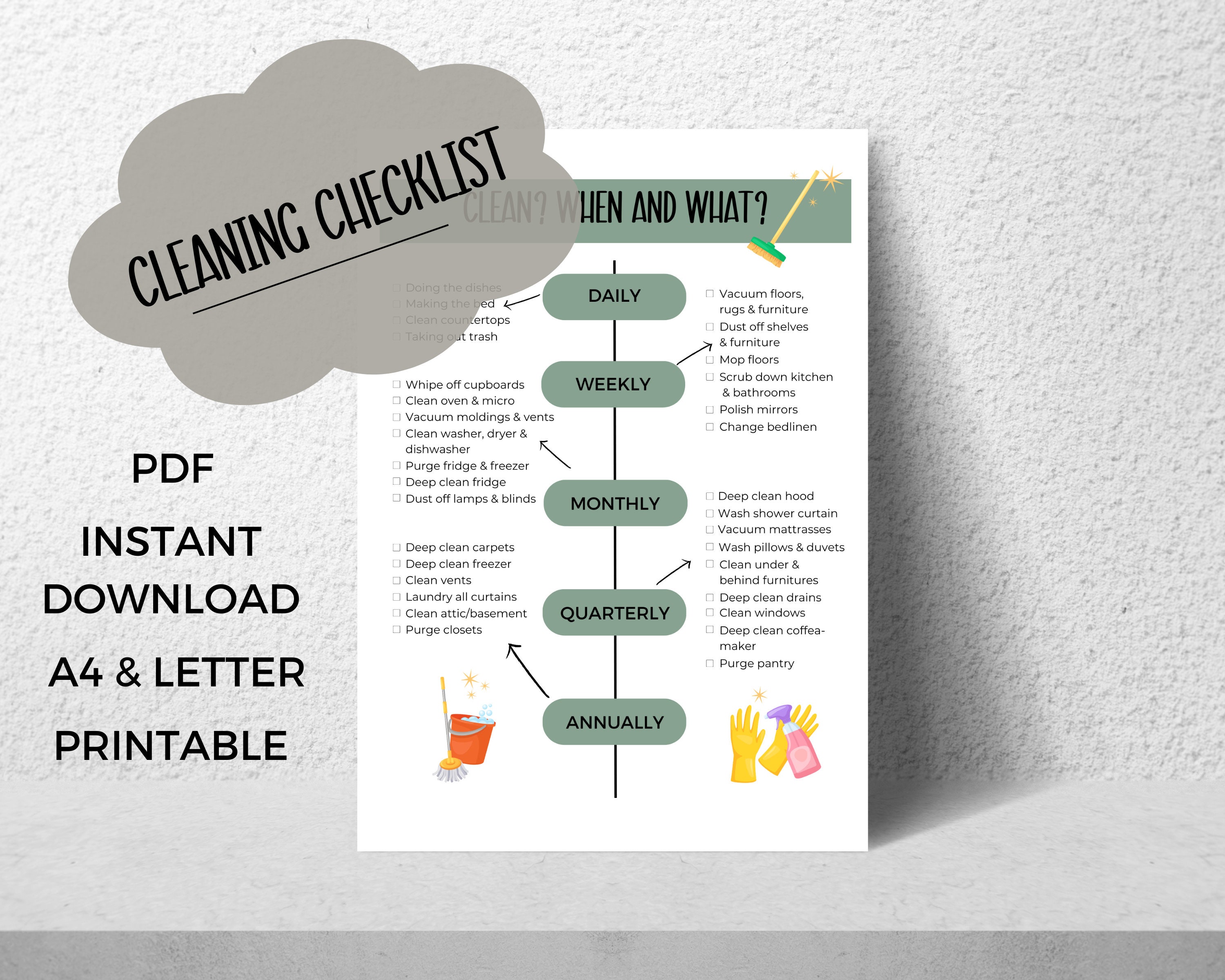 Cleaning Checklist Printable PDF A4 LETTER Cleaning Planner Minimalist ...