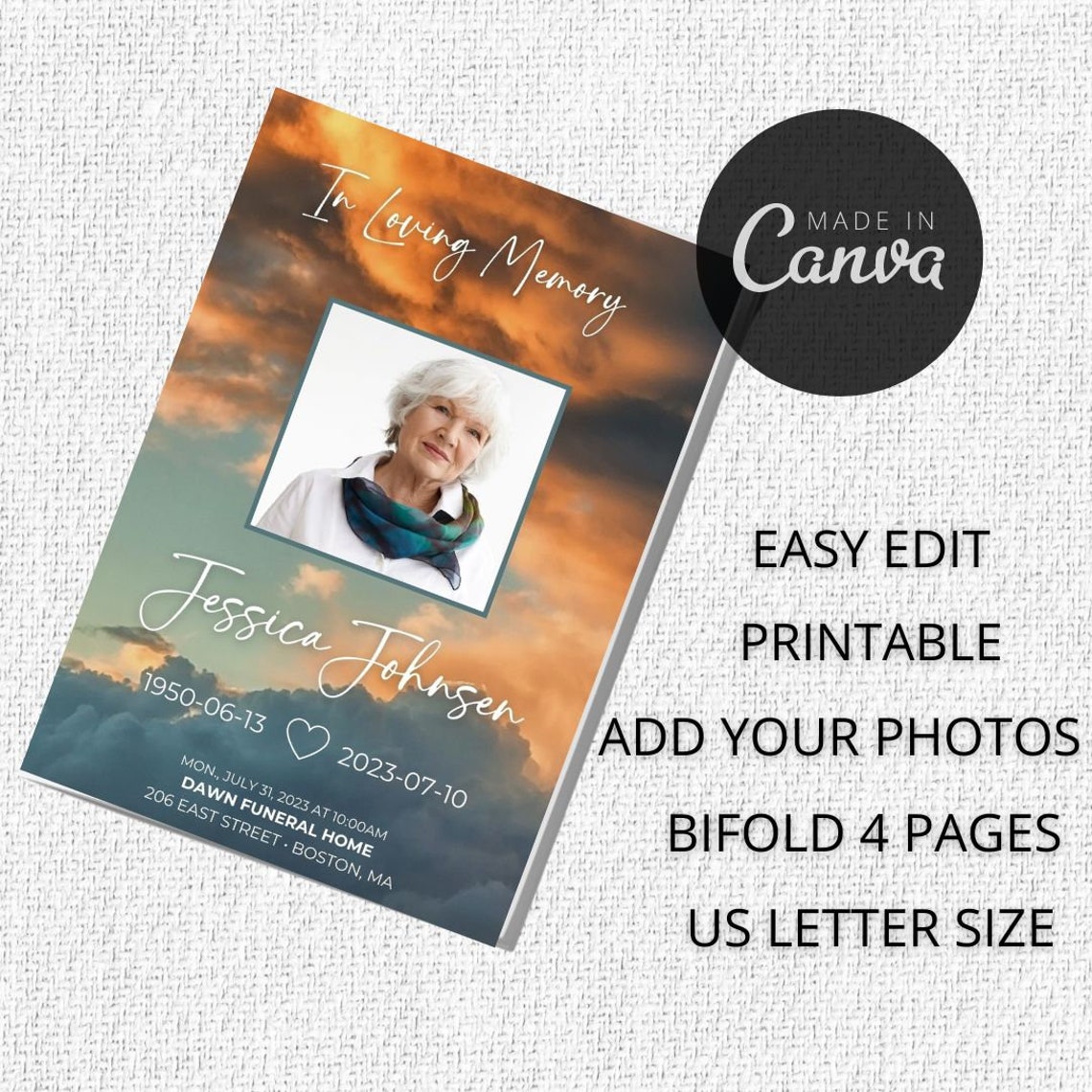 Funeral Program Template, Canva Editable, Colorful Folded Obituary ...