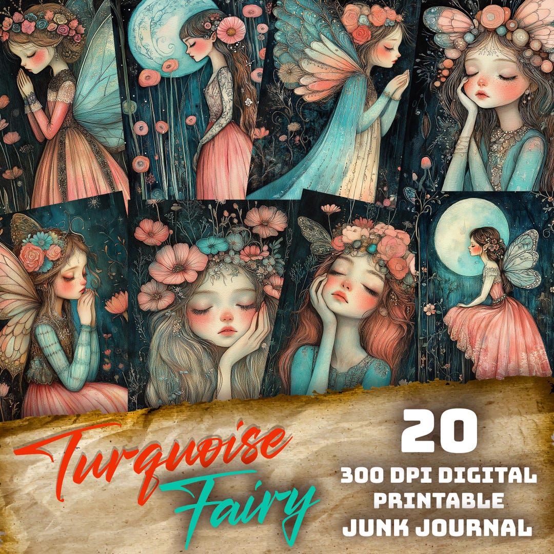 Turquoise Fairies Junk Journal Paper, Fairy Collage Printables, Digital ...
