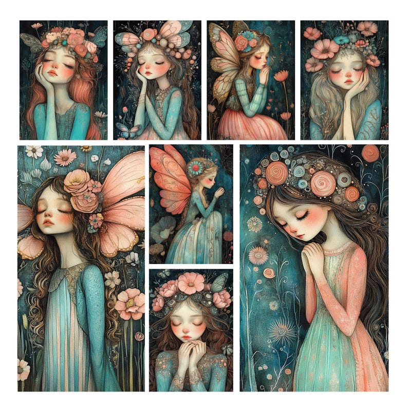 Turquoise Fairies Junk Journal Paper, Fairy Collage Printables, Digital ...