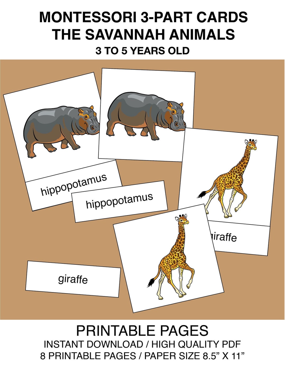 The Savannah Animals Montessori 3-part Cards - Etsy