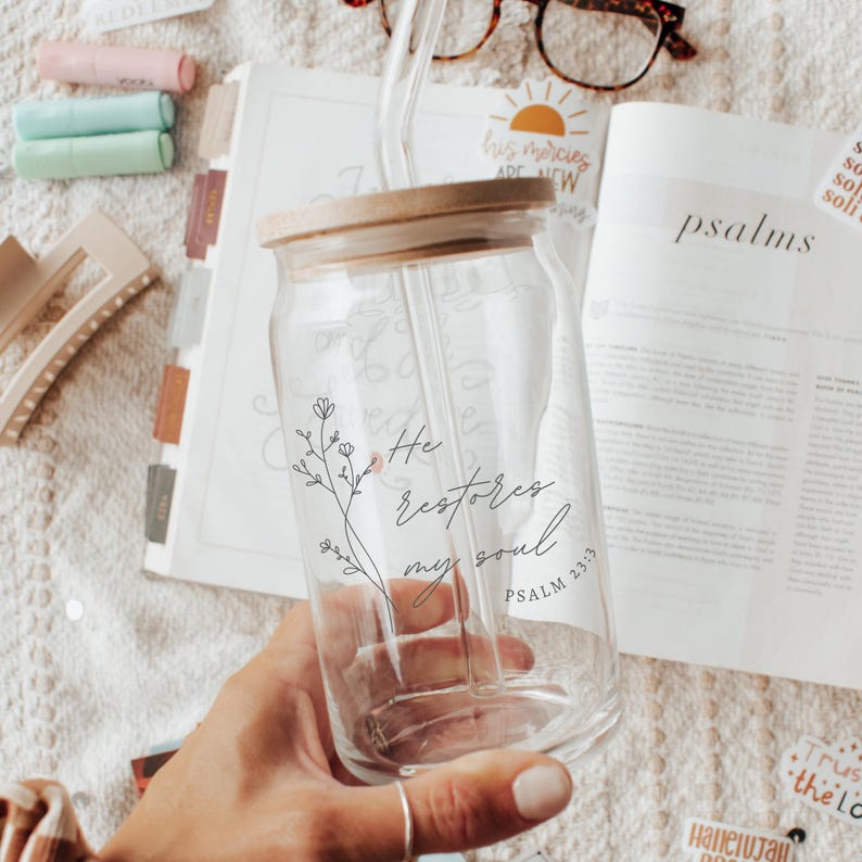 Minimalist Bible Verse Glass Coffee Cup Floral Christian Glass Tumbler ...