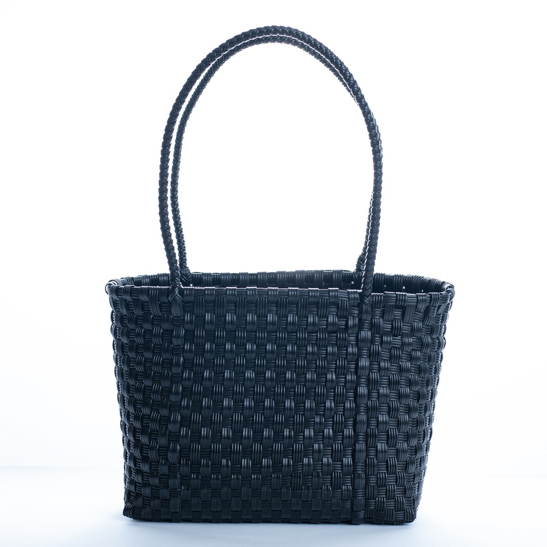 Black Tote Plastic Bag, Handwoven Recycled Plastic Bag, Handmade Woven ...