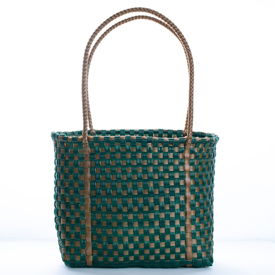 Green and Gold Checkered Tote Plastic Bag, Handwoven Recycled Plastic ...