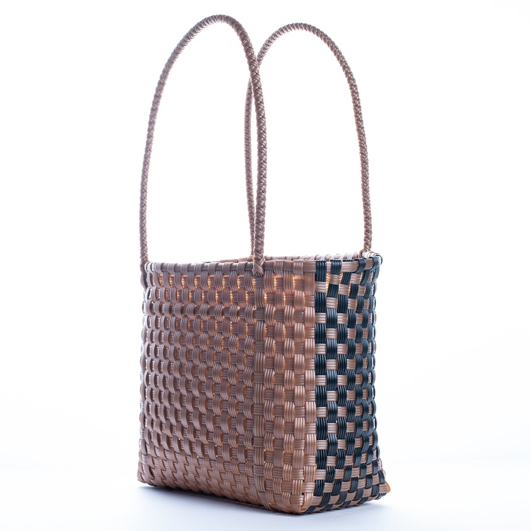 Gold and Black Checkered Tote Plastic Bag, Handwoven Recycled Plastic ...